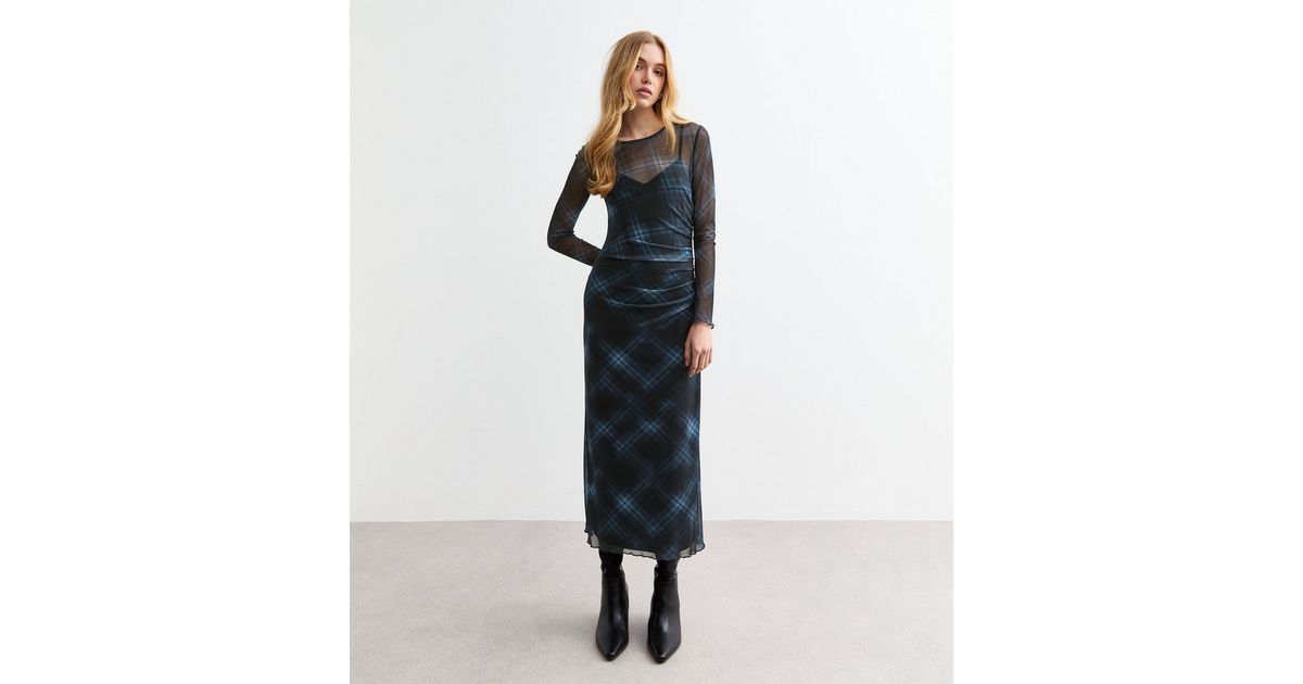 Blue Checked Stretch Mesh Midi Dress | New Look
