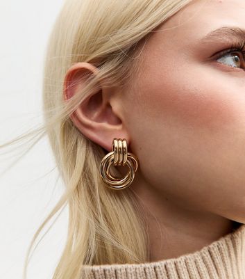 Gold Tone Interlinked Hoop Doorknocker Earrings New Look