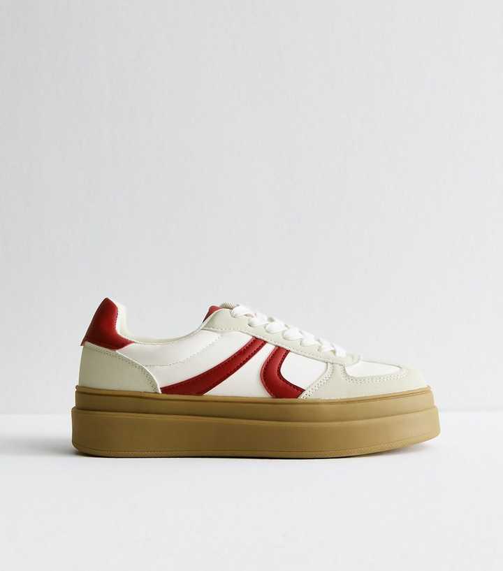White Contrast Trim Leather Look Lace Up Trainers | New Look