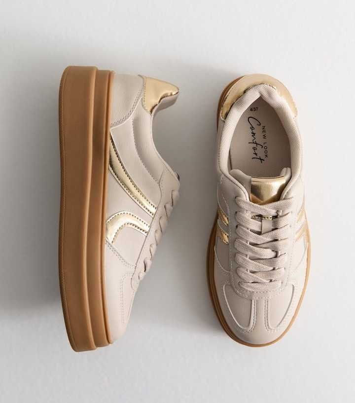 Cream Contrast Trim Leather Look Lace Up Trainers | New Look