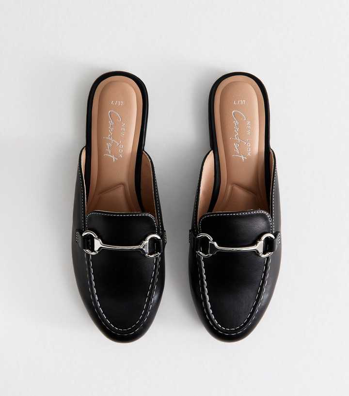 Black Faux Leather Snaffle Detail Backless Loafers | New Look