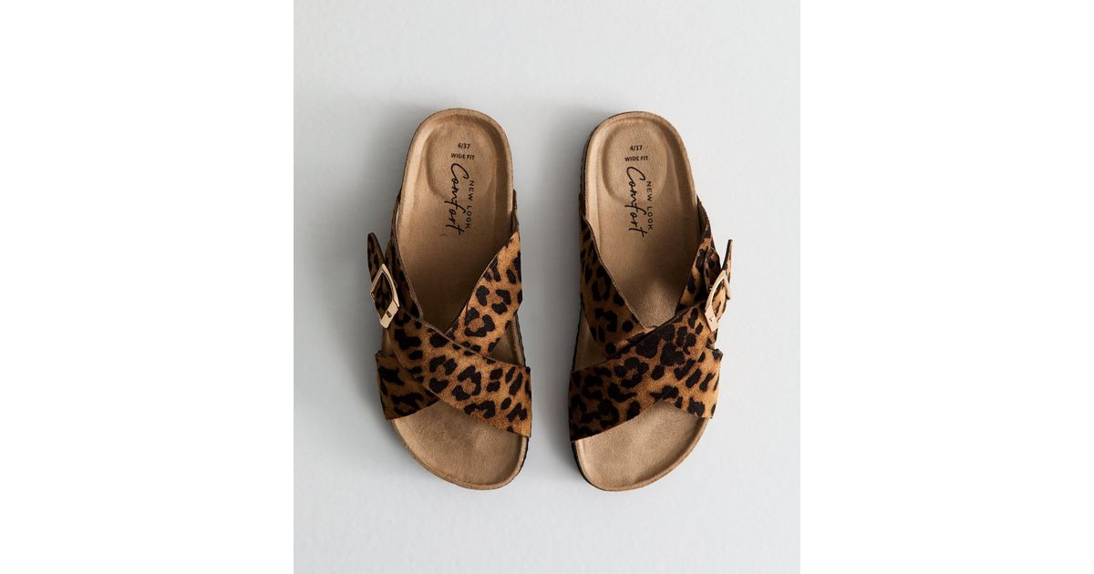 Wide Fit Stone Faux Suede Leopard Print Crossover Strap Sandals | New Look