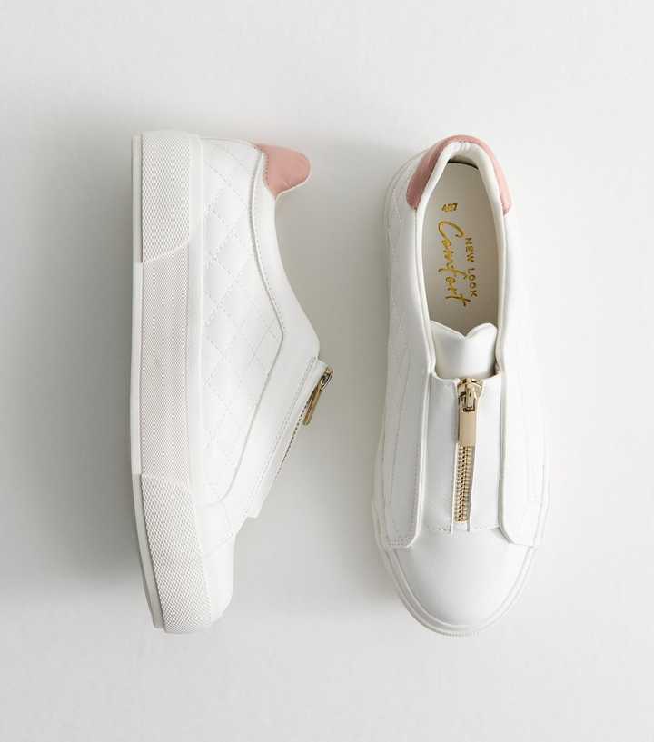 White Faux Leather Quilted Zip Front Trainers | New Look