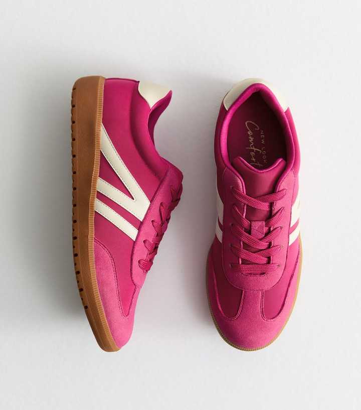 Bright Pink Faux Suede Panelled Low Top Trainers | New Look