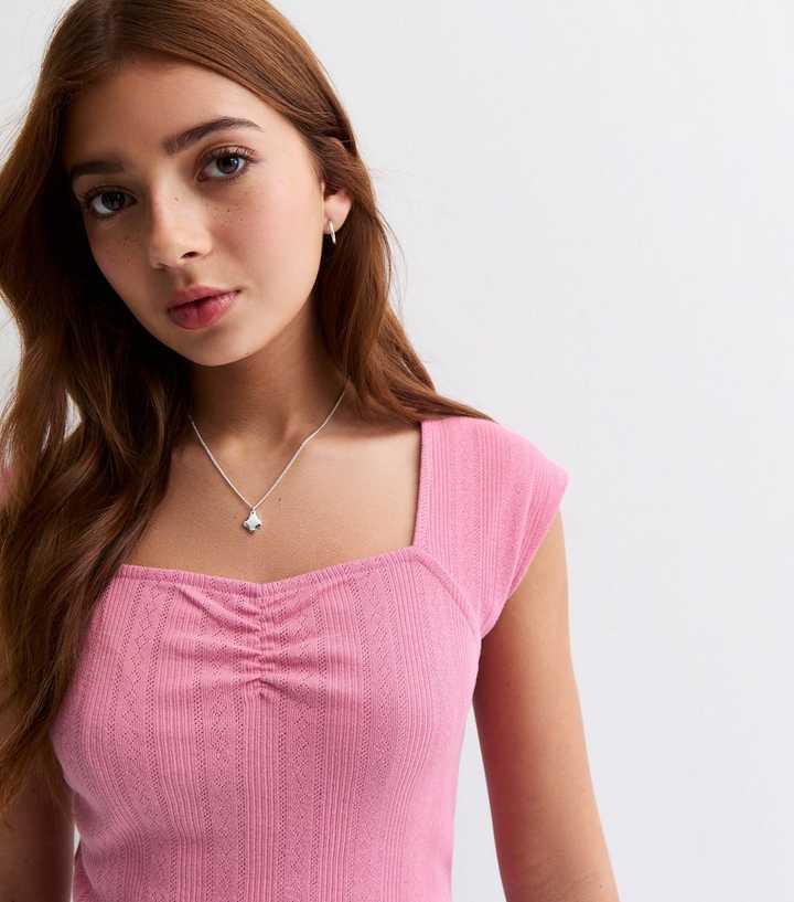 Girls Pink Pointelle Ruched Cropped Top | New Look