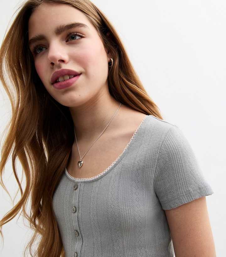 Girls Grey Pointelle Cropped Top | New Look