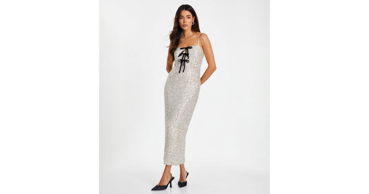 Quiz Silver Bow Sequin Midaxi Dress | New Look