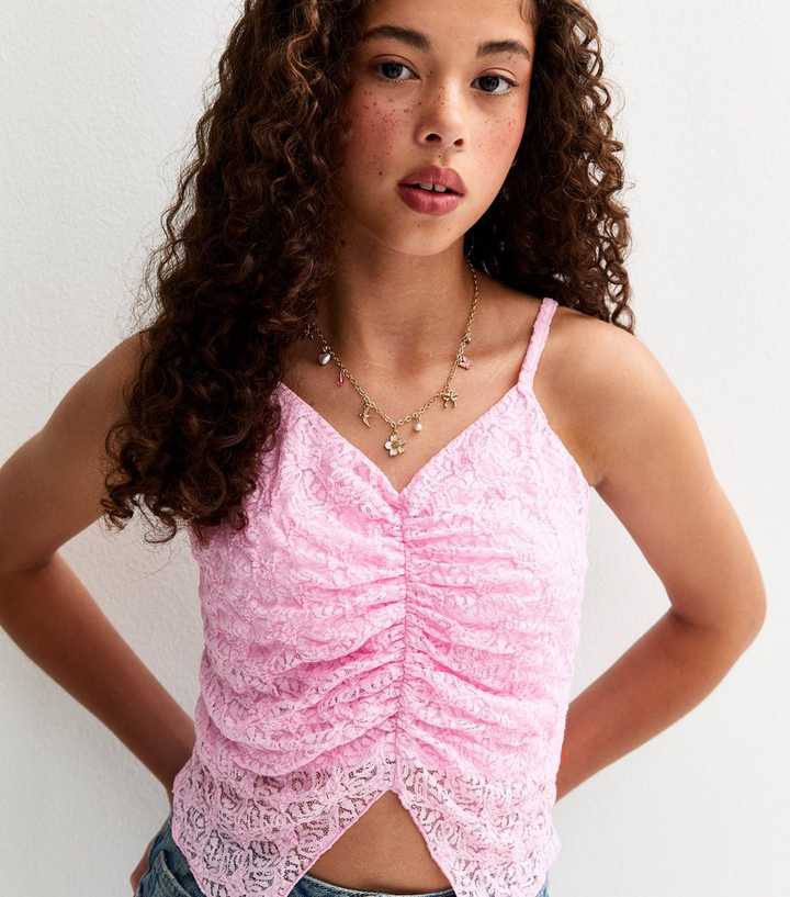 Girls Pink Lace Butterfly Hem Cami Top | New Look