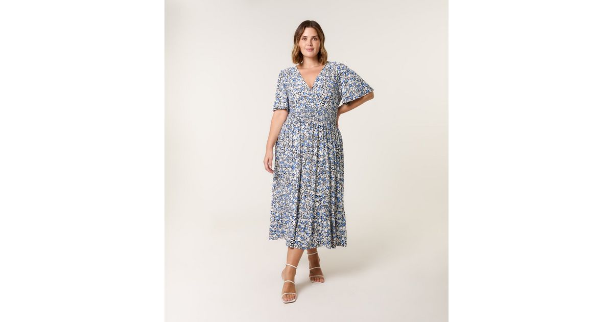 Blue Vanilla Curve Blue Floral Print Midi Wrap Dress | New Look
