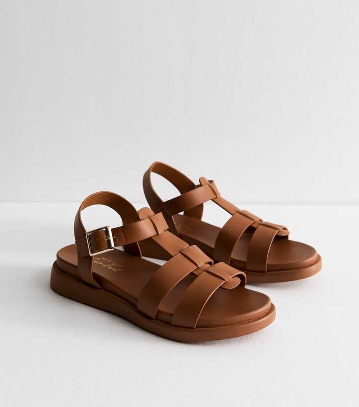 Wide Fit Tan Multi Strap Faux Leather Sandals | New Look