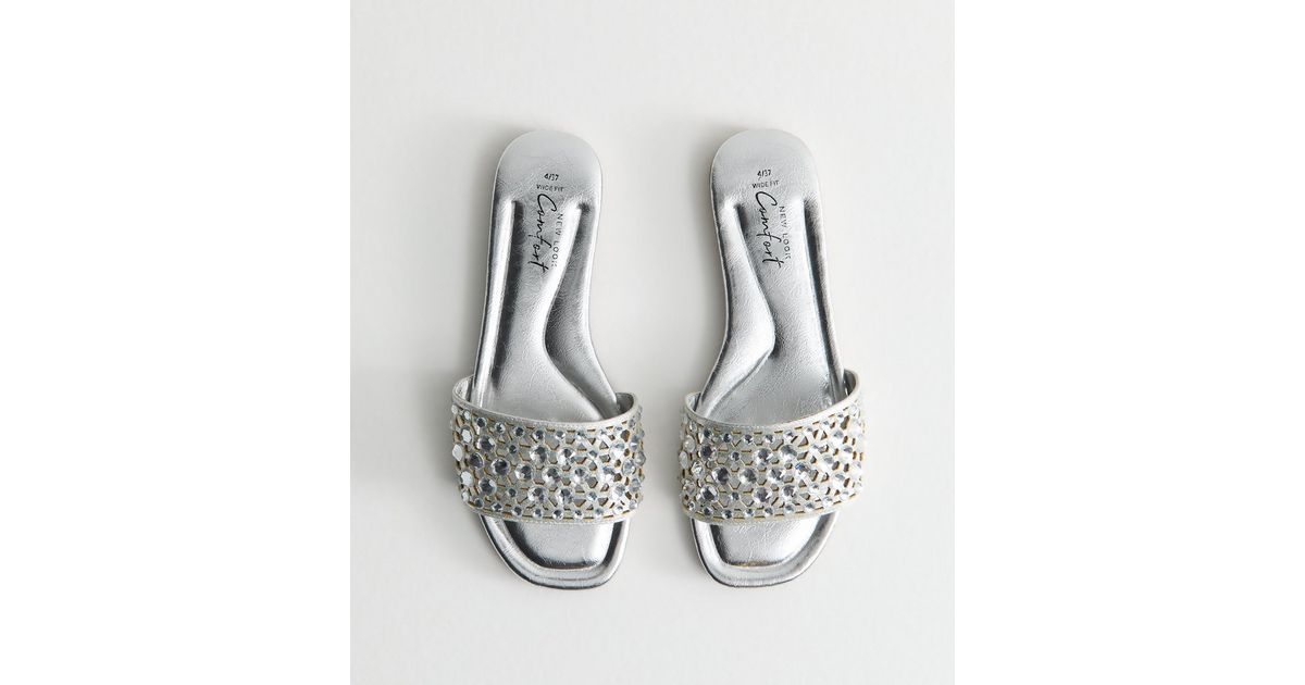 Wide Fit Silver Faux Leather Diamante Embellished Sandals | New Look