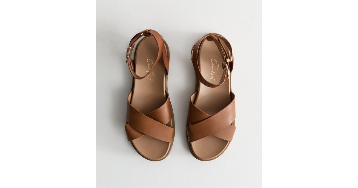 Wide Fit Brown Faux Leather Crossover Strap Sandals | New Look