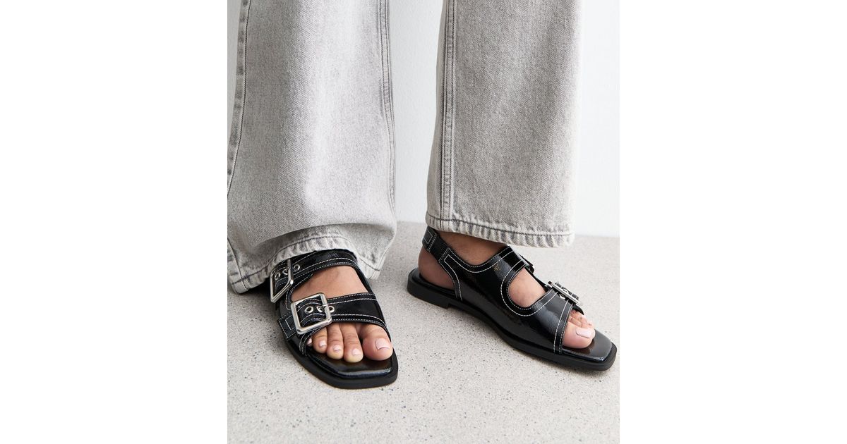 Black Faux Leather Contrast Stitch Slingback Sandals | New Look