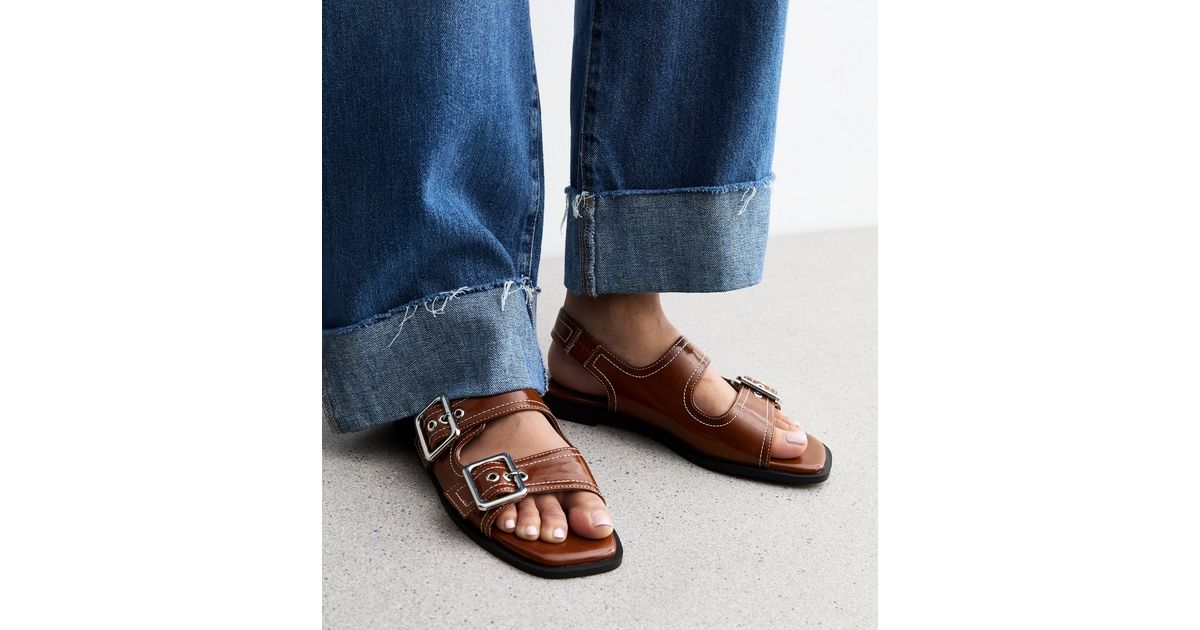 Brown Faux Leather Contrast Stitch Slingback Sandals | New Look