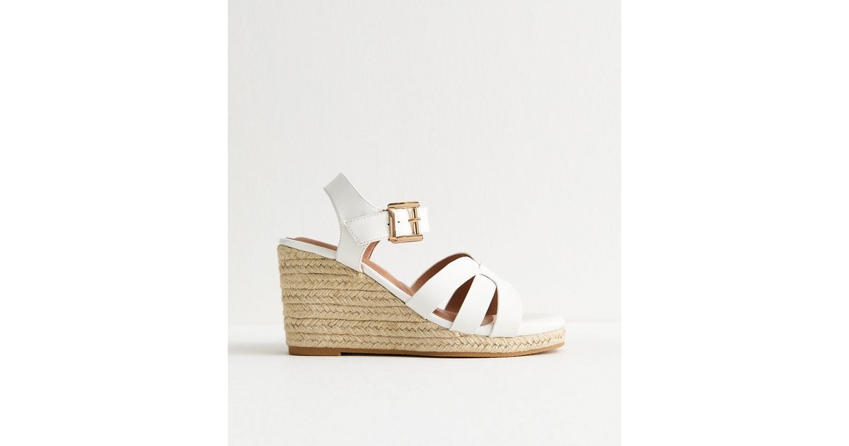 Wide Fit White Multi Strap Faux Leather Wedge Sandals | New Look