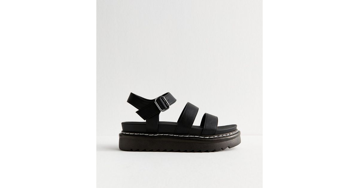 Black Contrast Stitch Faux Leather Flatform Sandals | New Look