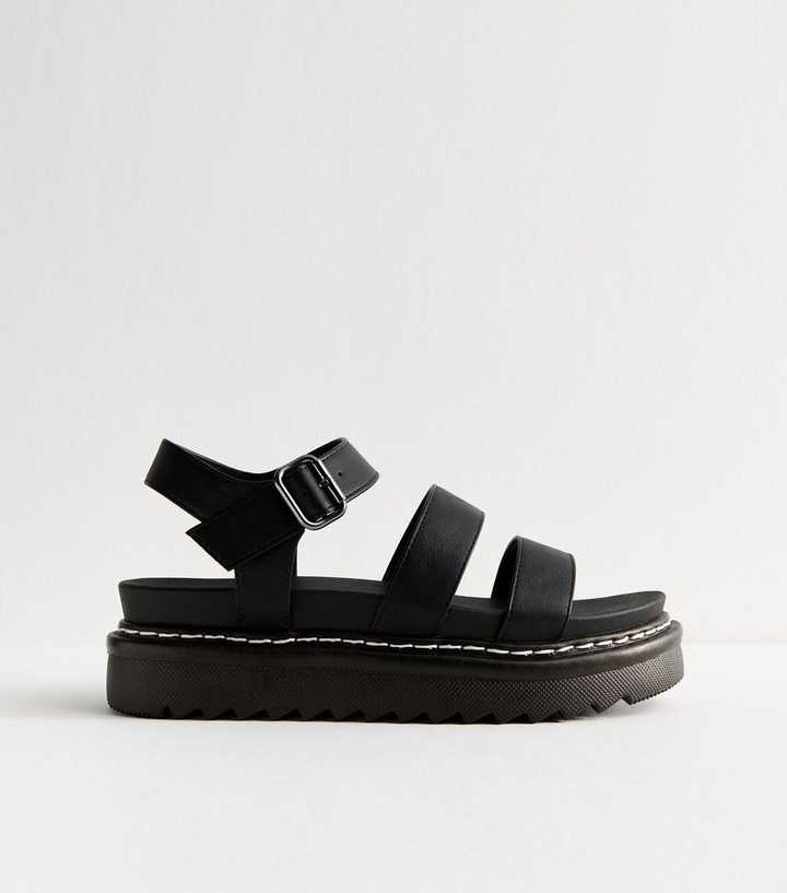 Black Contrast Stitch Faux Leather Flatform Sandals | New Look