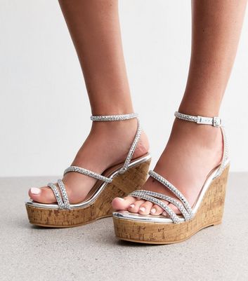 Silver Diamante Strap Wedge Sandals New Look