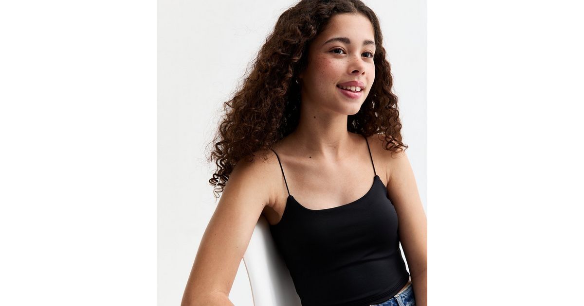 Girls Black Spaghetti Strap Cropped Cami Top | New Look