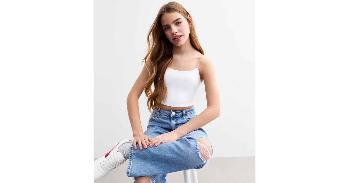 Girls White Spaghetti Strap Cropped Cami Top | New Look