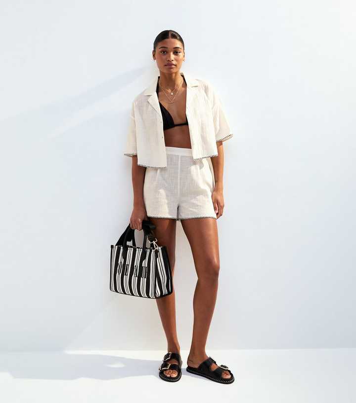 Cream Textured Blanket Stitch Beach Shorts | New Look