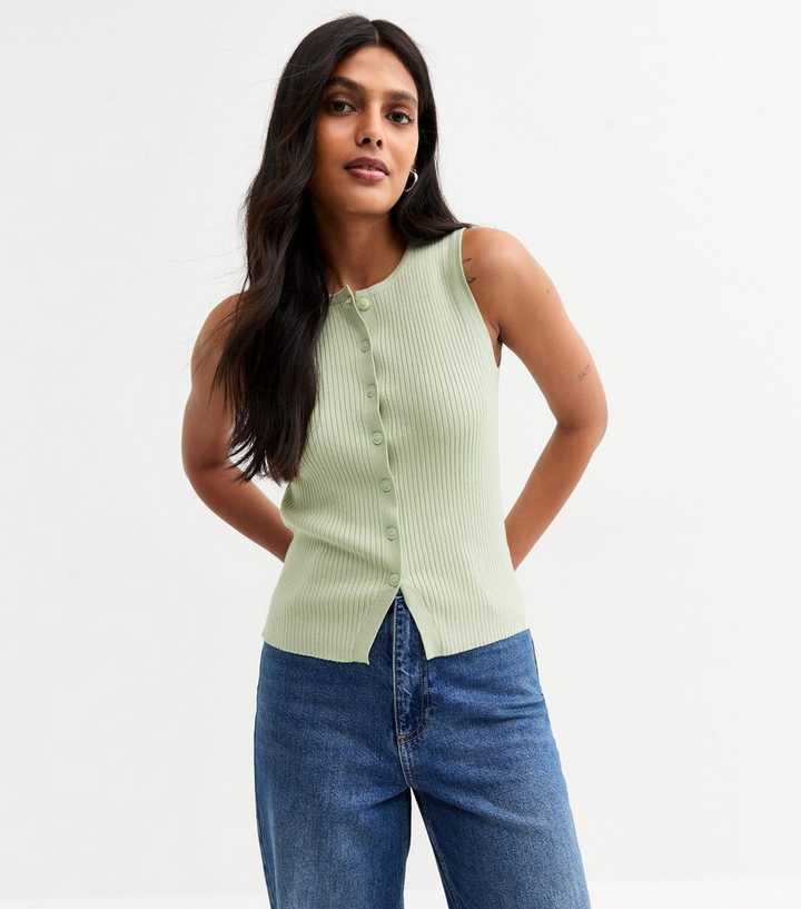 Light Green Rib Knitted Button Up Vest | New Look