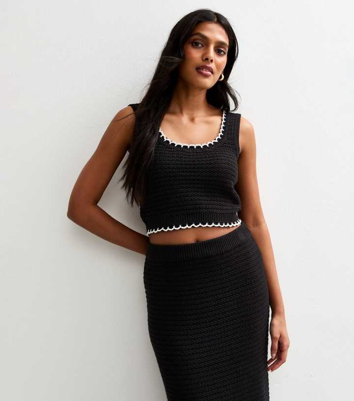Black Contrast Trim Blanket Stitch Knitted Vest | New Look