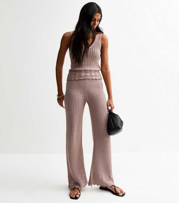 Mink Shimmery Open Knit Wide Leg trousers | New Look