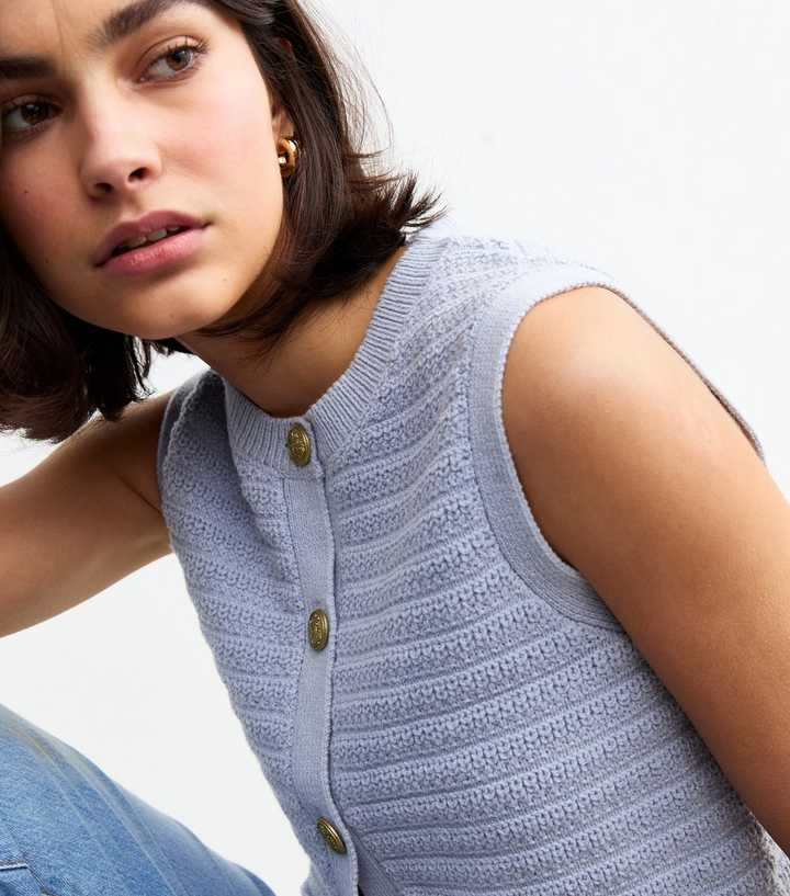 Blue Textured Knit Button Up Vest | New Look