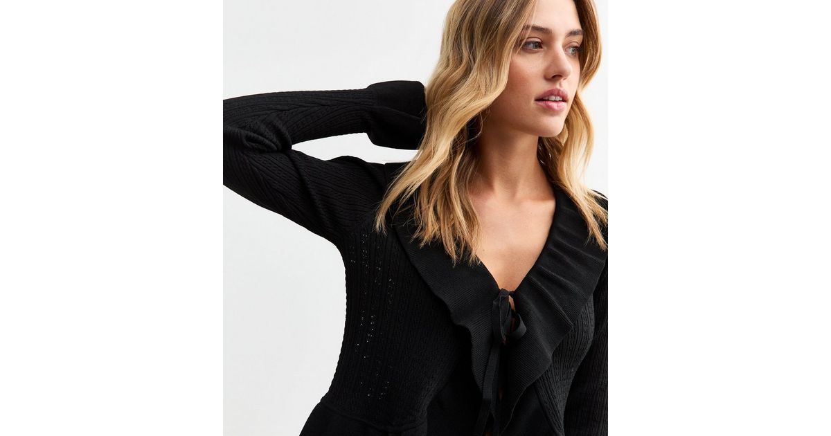 Black Frilly Trim Tie Front Pointelle Cardigan | New Look