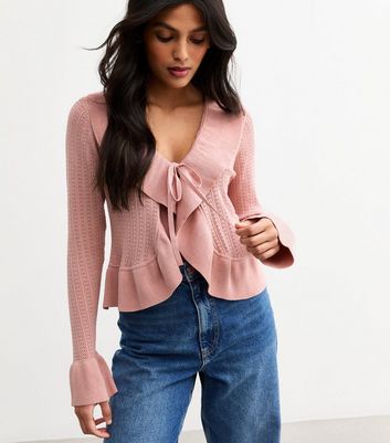 Pink Frilly Trim Tie Front Pointelle Cardigan | New Look