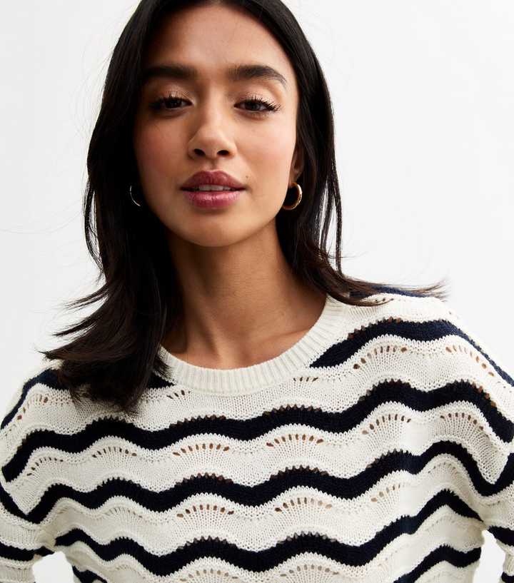 Petite White Striped Open Knit Jumper | New Look