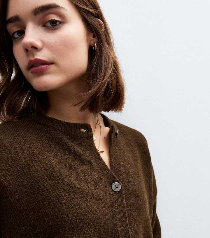 Dark Brown Crew Neck Cardigan | New Look