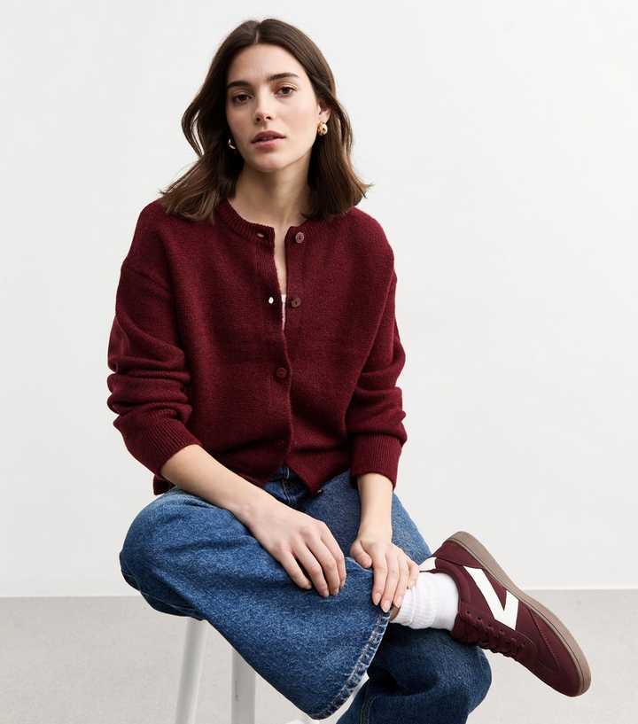 Dark Red Crew Neck Cardigan | New Look