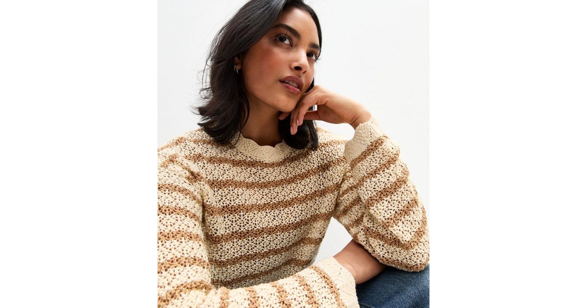 Gold Open Knit Striped Shimmery Jumper | New Look