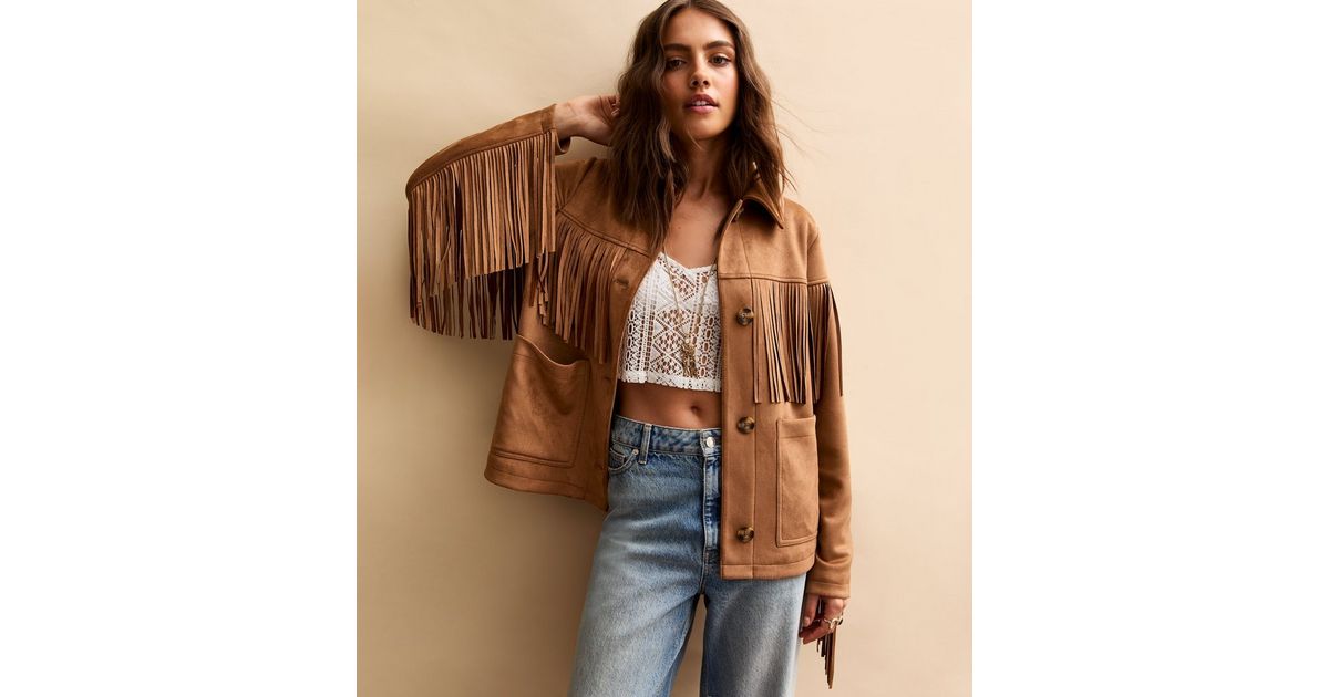 Tan Fringe Trimmed Faux Suede Jacket | New Look
