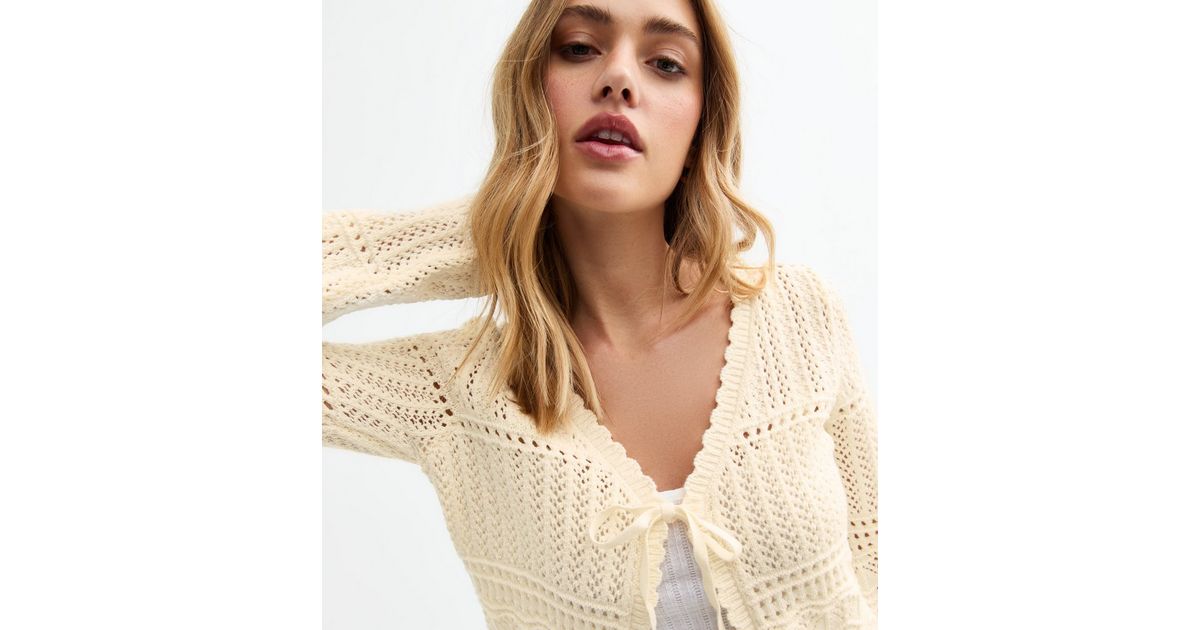 Cream Open Stitchy Knit Tie Front Cardigan | New Look
