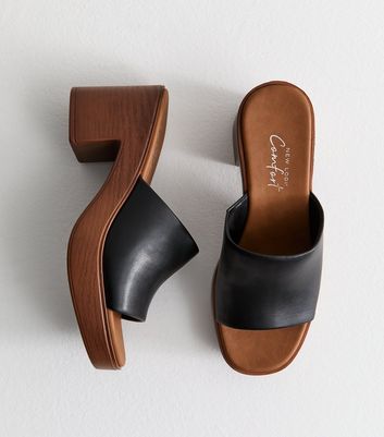 Black Faux Leather Strap Platform Mules | New Look