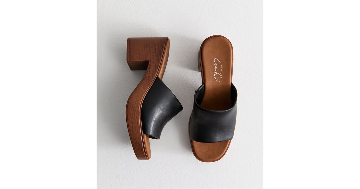 Black Faux Leather Strap Platform Mules | New Look
