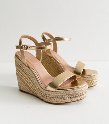Wide Fit Gold Faux Leather Platform Wedge Sandals | New Look