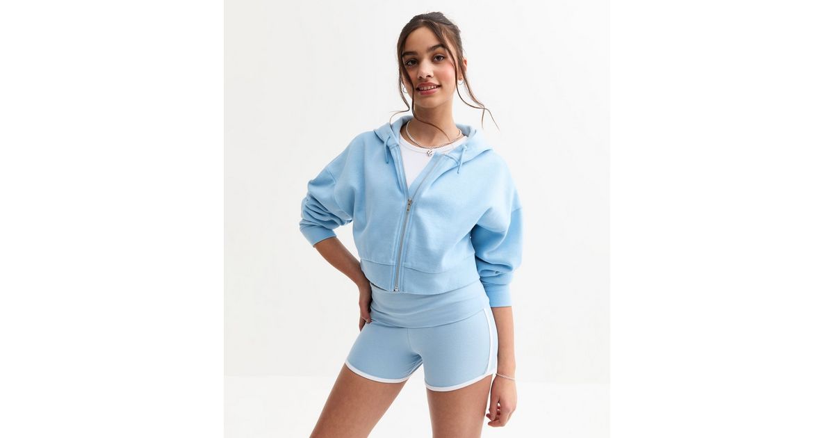 Girls Light Blue Contrast Trim Foldover Waist Shorts | New Look