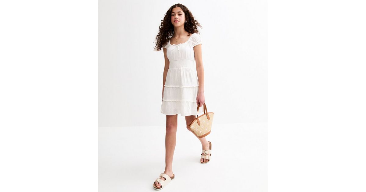 Girls White Swiss Dot Milkmaid Mini Dress | New Look