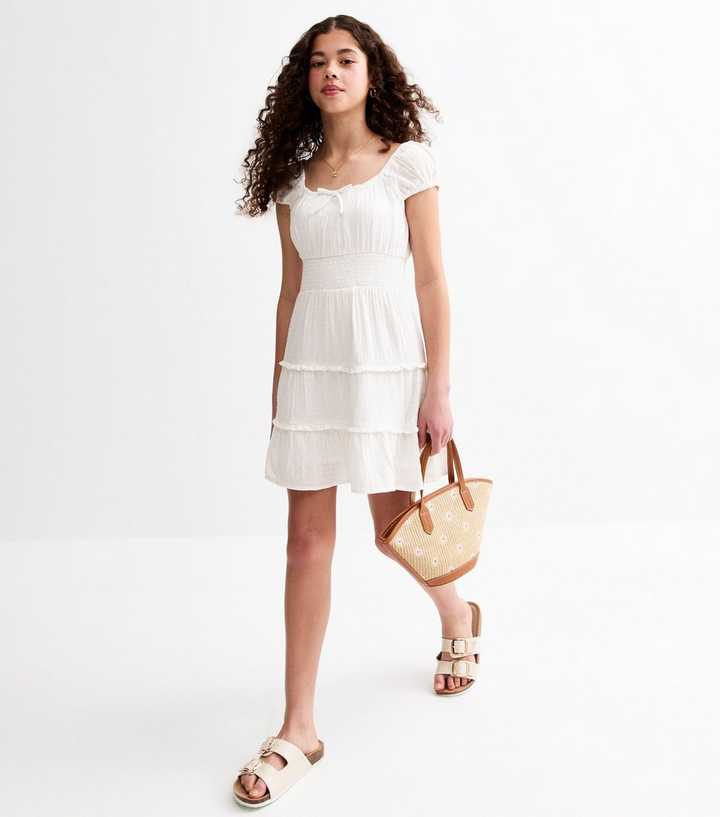 Girls White Swiss Dot Milkmaid Mini Dress | New Look