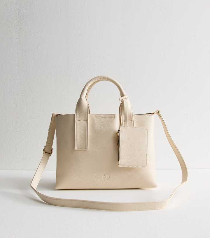 Cream Grained Faux Leather Tote Bag and Coin Purse Set | New Look