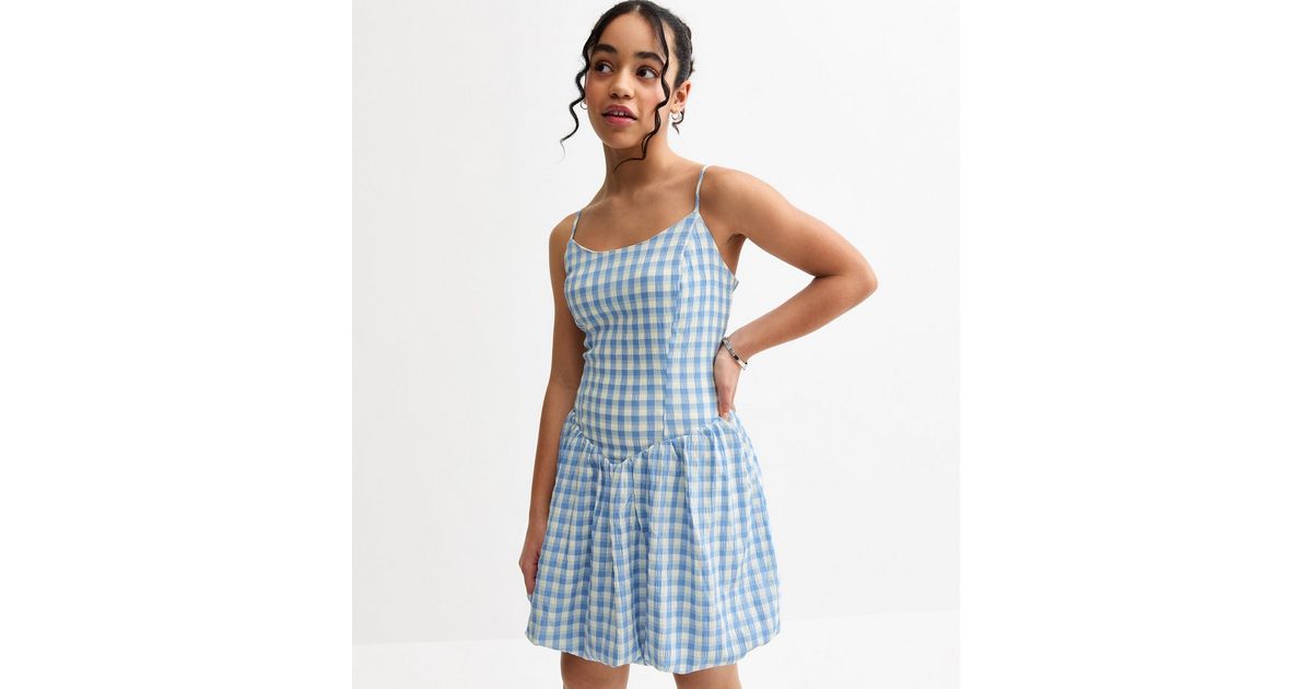 Girls Blue Gingham Check bubble Hem Dress | New Look