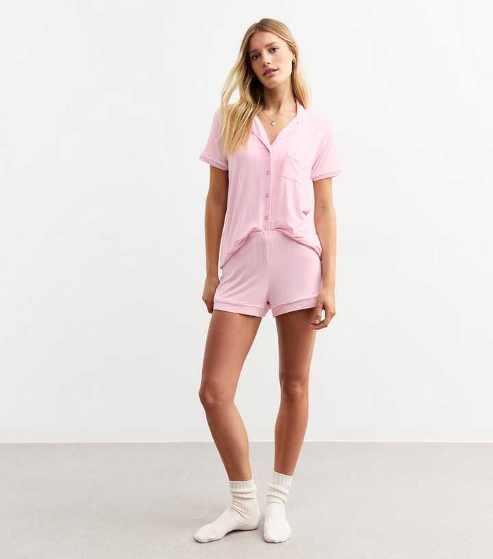 Pink Contrast Trim Short Sleeve Revere Pyjama Set | New Look