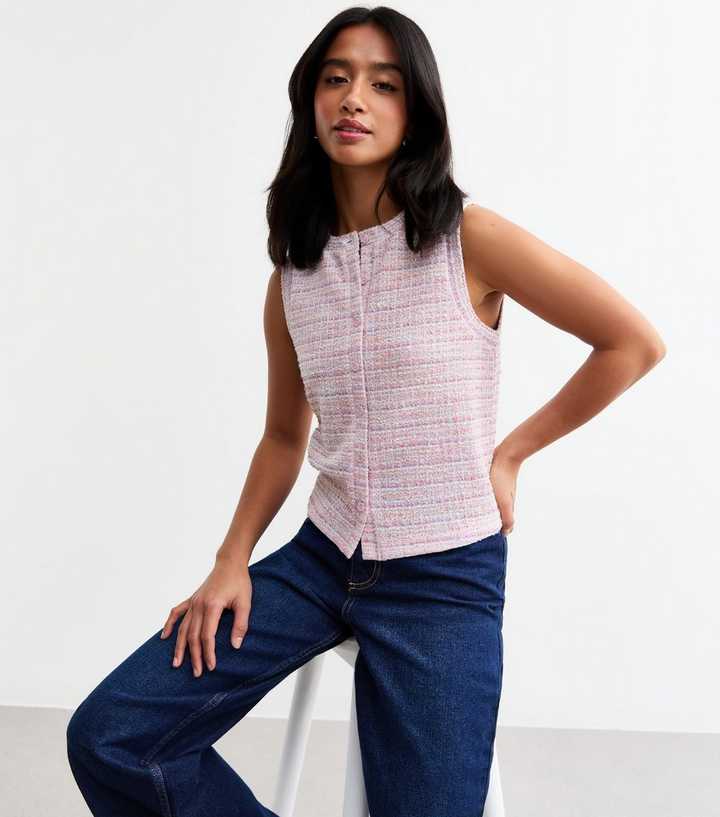 Petite Pink Textured Shimmer Button Up Vest | New Look