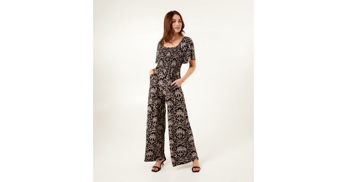 Blue Vanilla Black Palm Tree Print Square Neck Shirred Jumpsuit | New Look