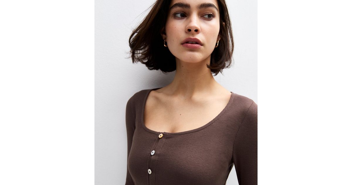 Dark Brown Ribbed Button Detail Long Sleeve Top | New Look