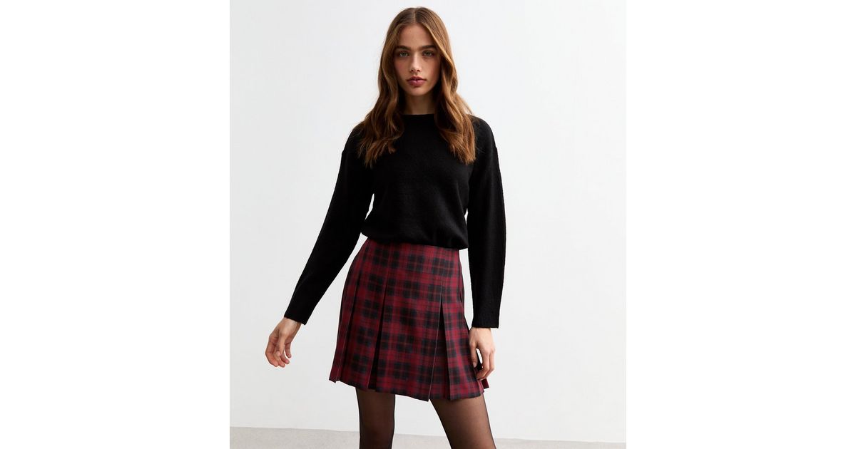 Red Box Pleated Checked Skirt | New Look